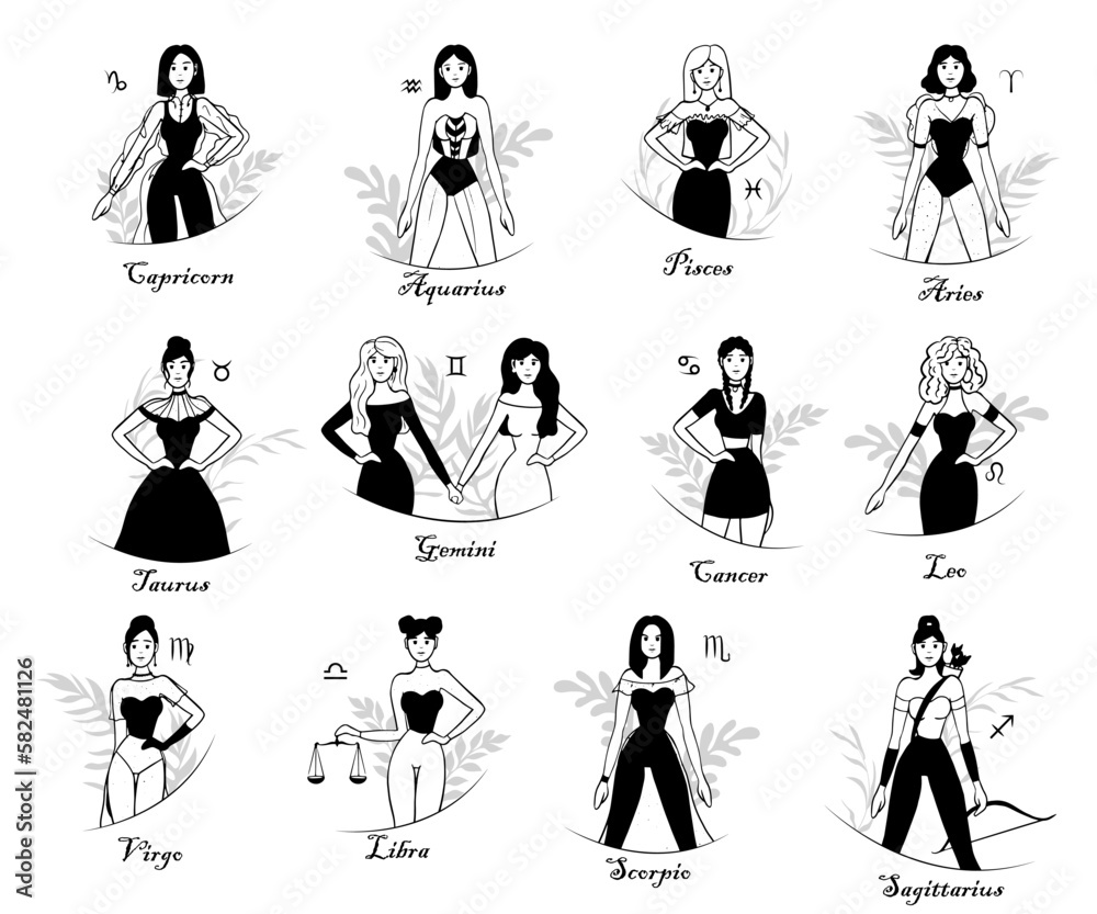 Compositions with girls in the form of zodiac signs. Hand drawn vector ...