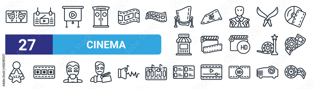 set of 27 thin line cinema icons such as prompt box, film poster ...