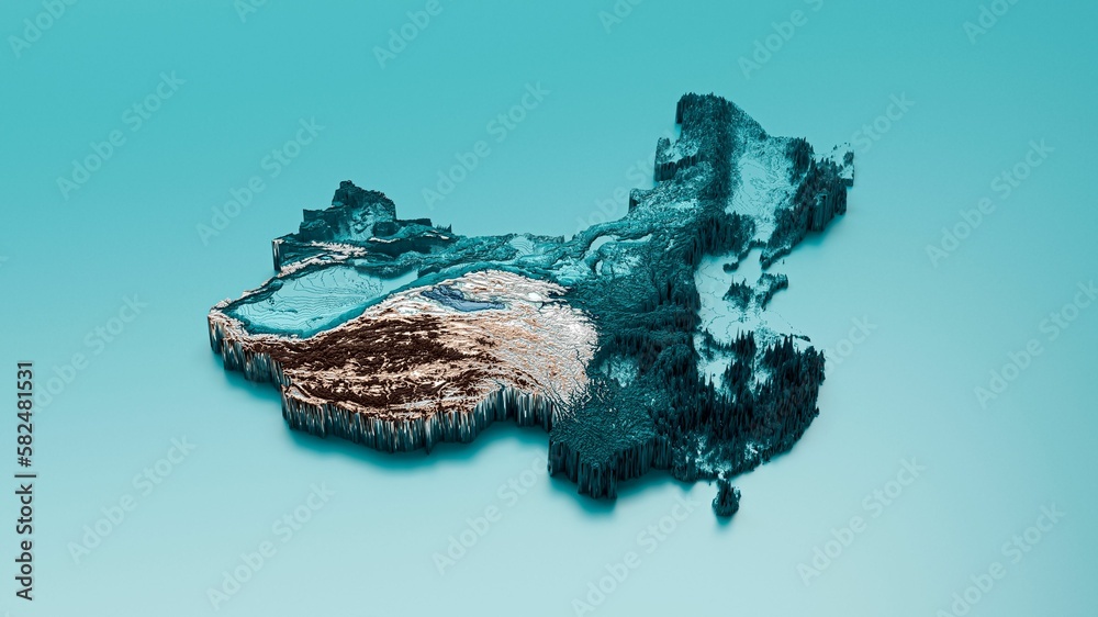 3D rendering illustration of a topographic China map 素材庫插圖 | Adobe Stock