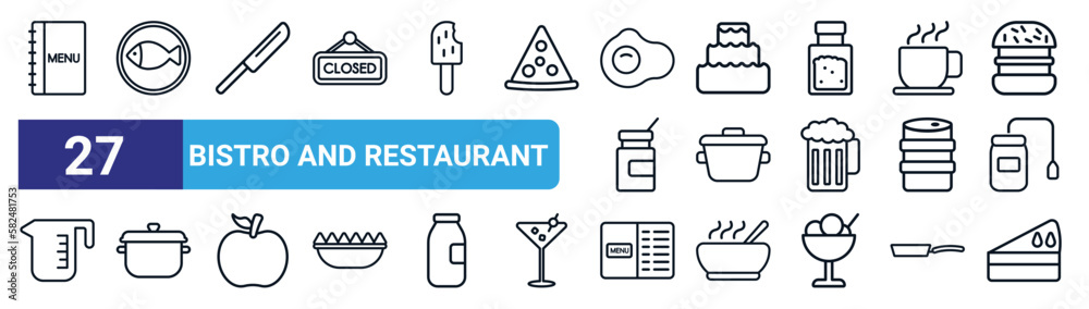 set of 27 thin line bistro and restaurant icons such as menu card ...