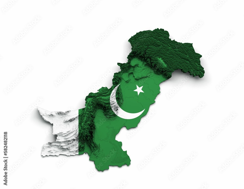 3D rendering of a shaded relief of the Pakistan Map with the flag ...