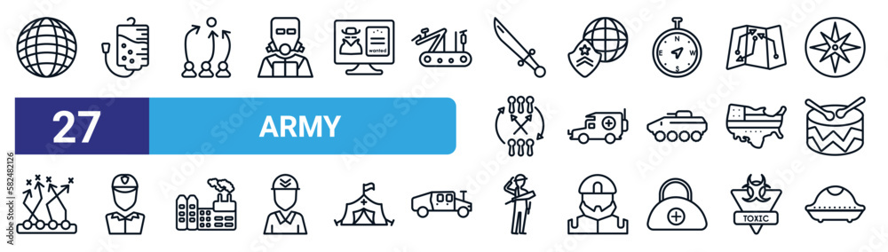 set of 27 thin line army icons such as planet grid circular, blood ...