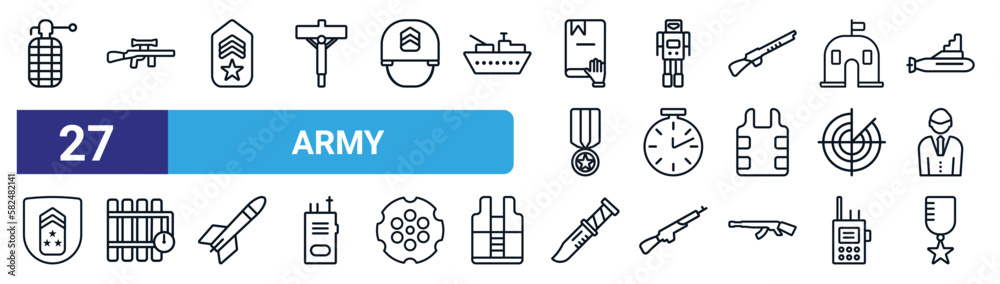 set of 27 thin line army icons such as whizbang with rong, assault ...