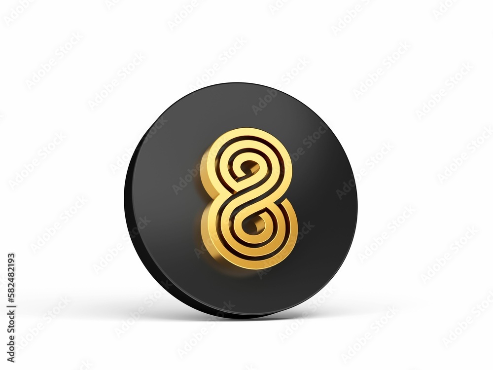 3D-rendered black button with a golden number 8, Royal Gold Modern Font ...