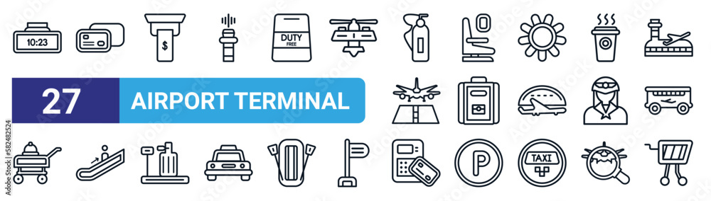 set of 27 thin line airport terminal icons such as terminal watch, two ...