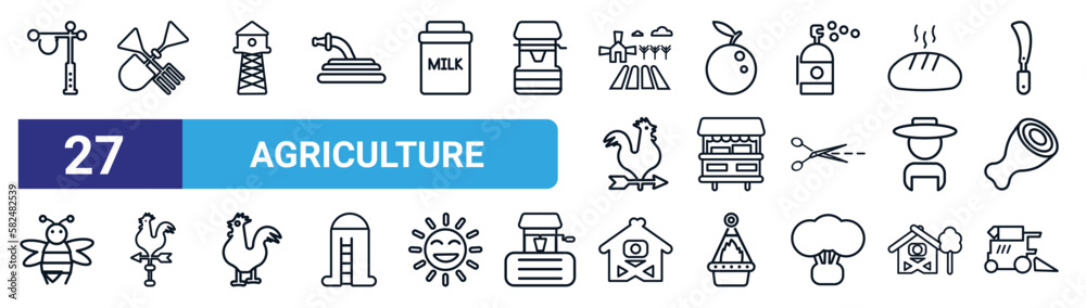 set of 27 thin line agriculture icons such as lamppost, farm tools ...