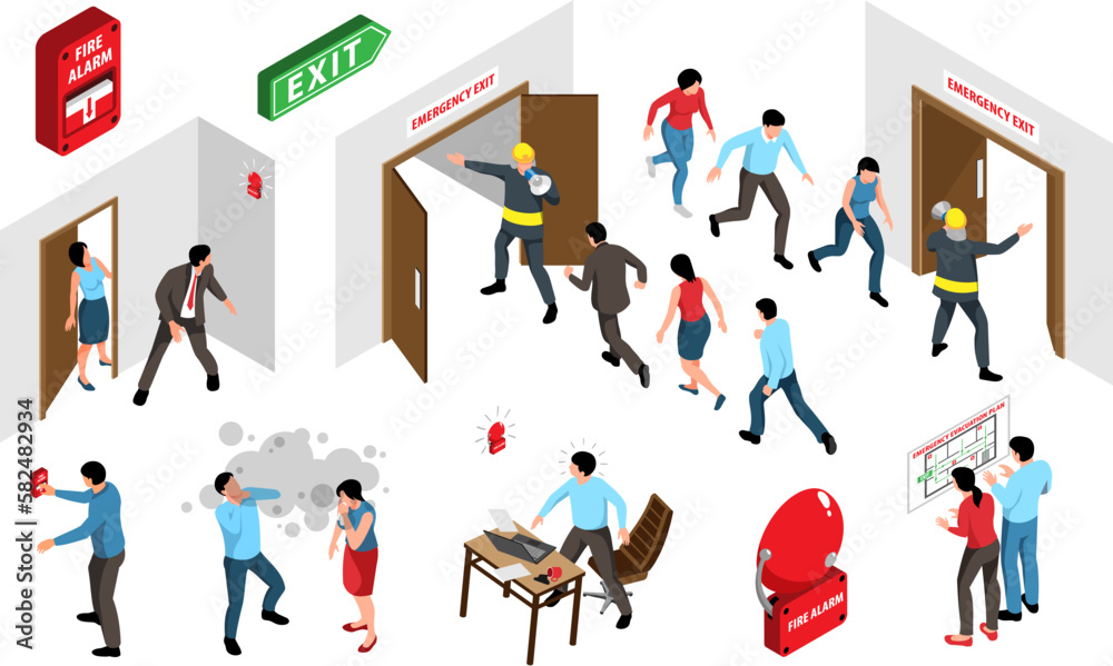 Isometric Evacuation Alarm Set Stock Vector | Adobe Stock