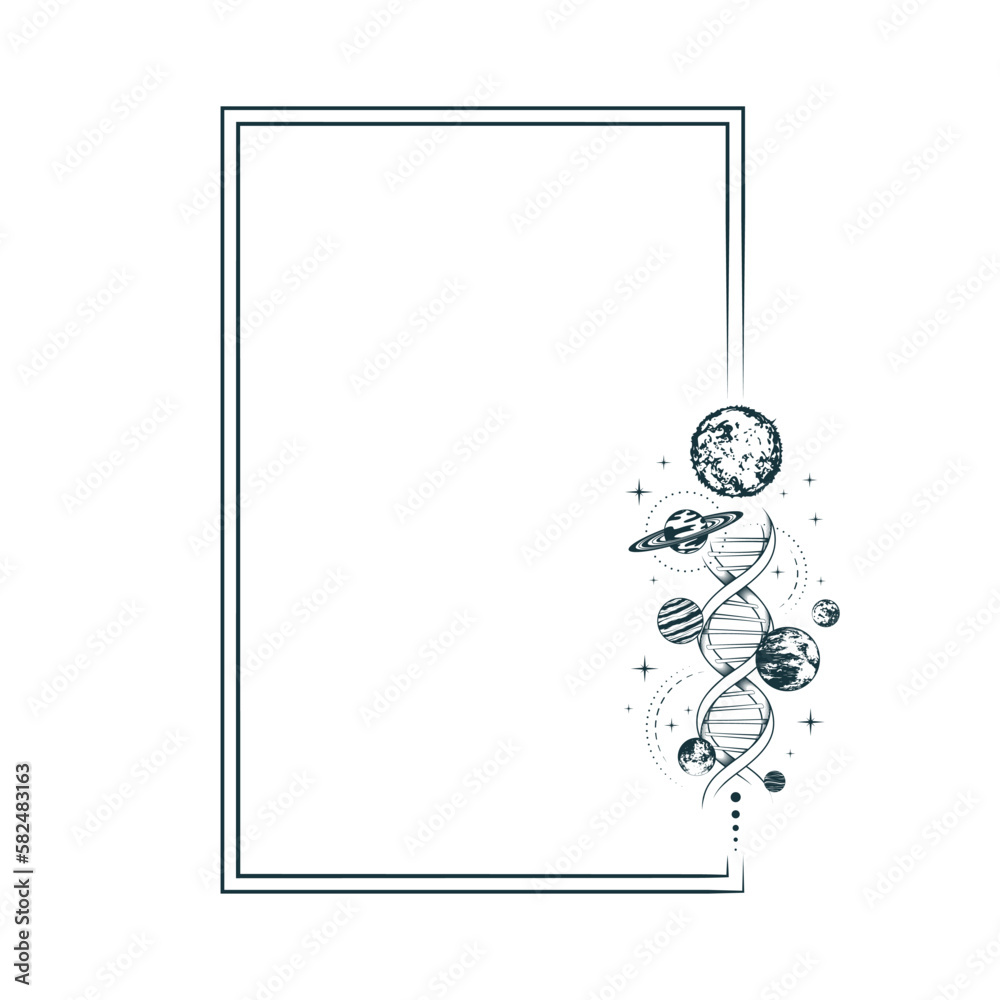 Celestial rectangular frame with planets, stars and dna. Mystical ...