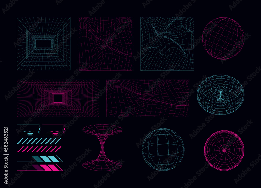 Geometric retro wireframe 3d shapes, futuristic and cyberpunk grid ...