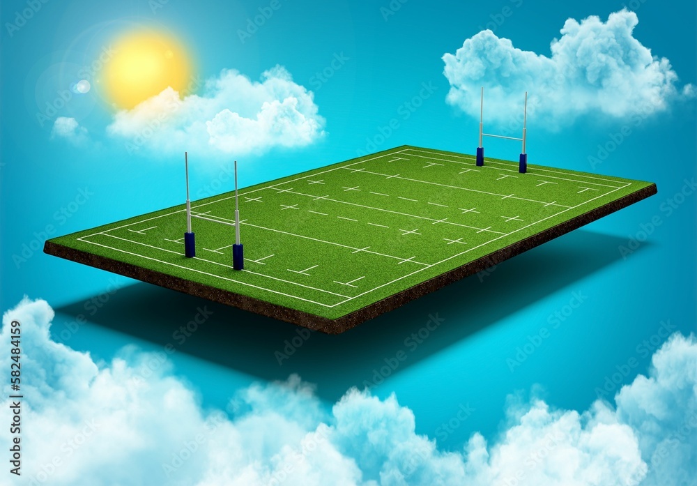 3d illustration of Rugby stadiums in the Sky clouds moving sunlight ...