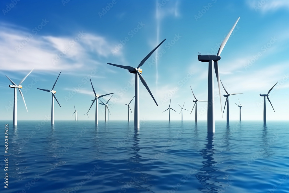 Offshore wind power and energy farm with many wind turbines on the ...