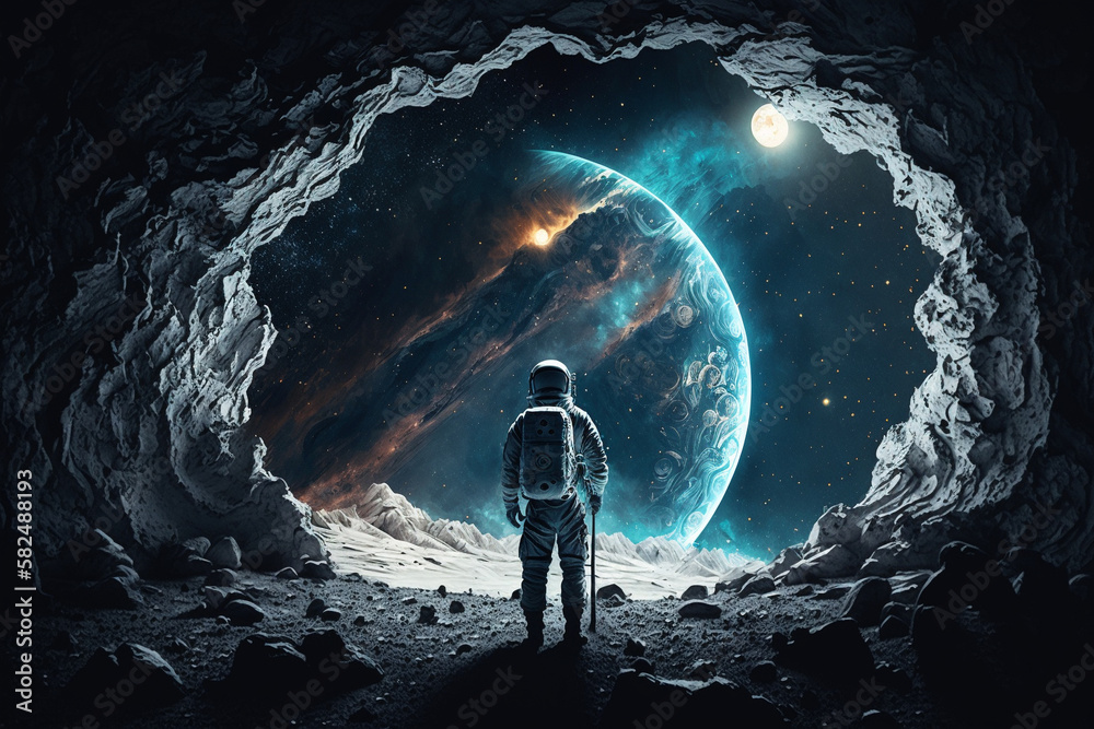 Amazed astronaut on the moon surface watches another planet. Space and ...