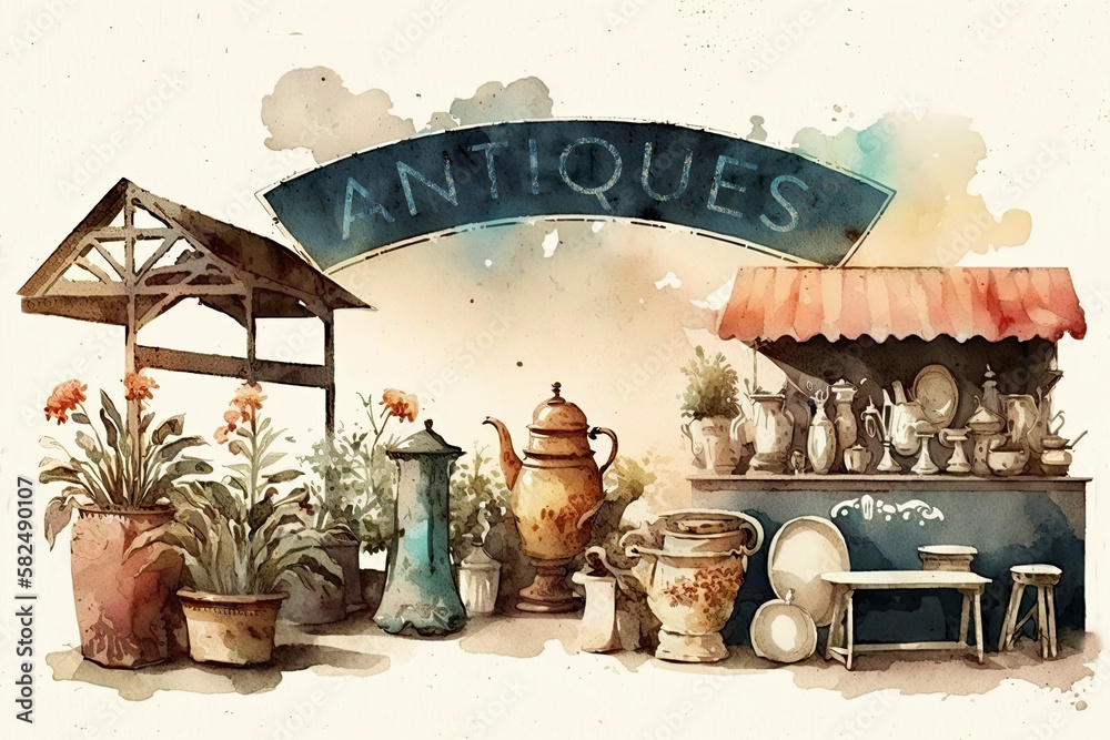 Watercolor clipart sheet of old antique shop surrounded by vintage ...