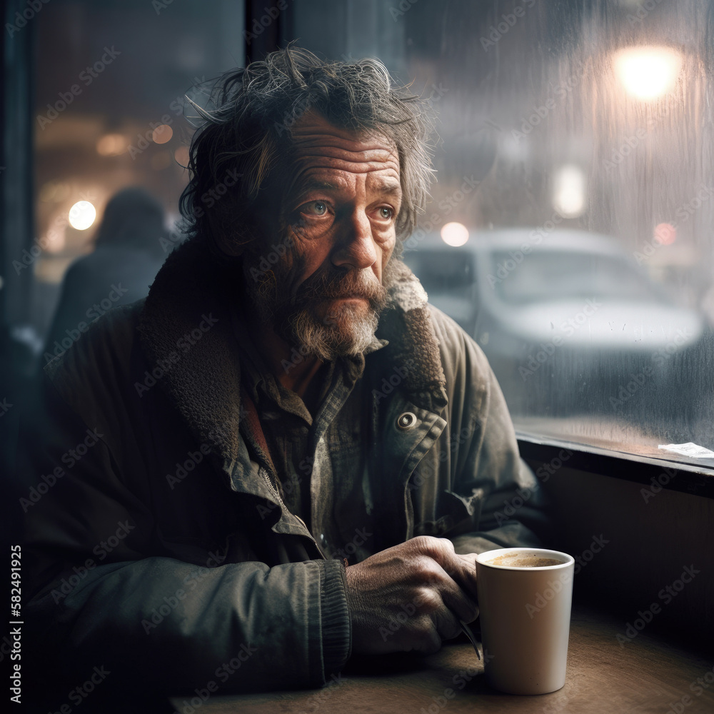 Generative AI - A homeless man sitting at a table with a cup of coffee ...