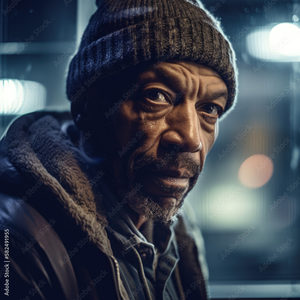 Generative AI - A homeless African American man with a hat on looking ...