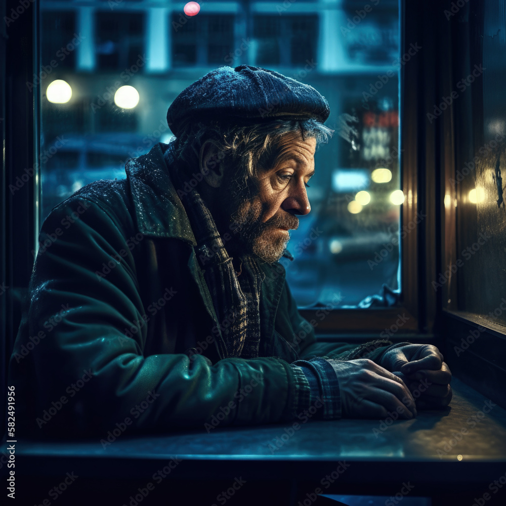 Generative AI - A homeless man sitting at a window looking out at the ...
