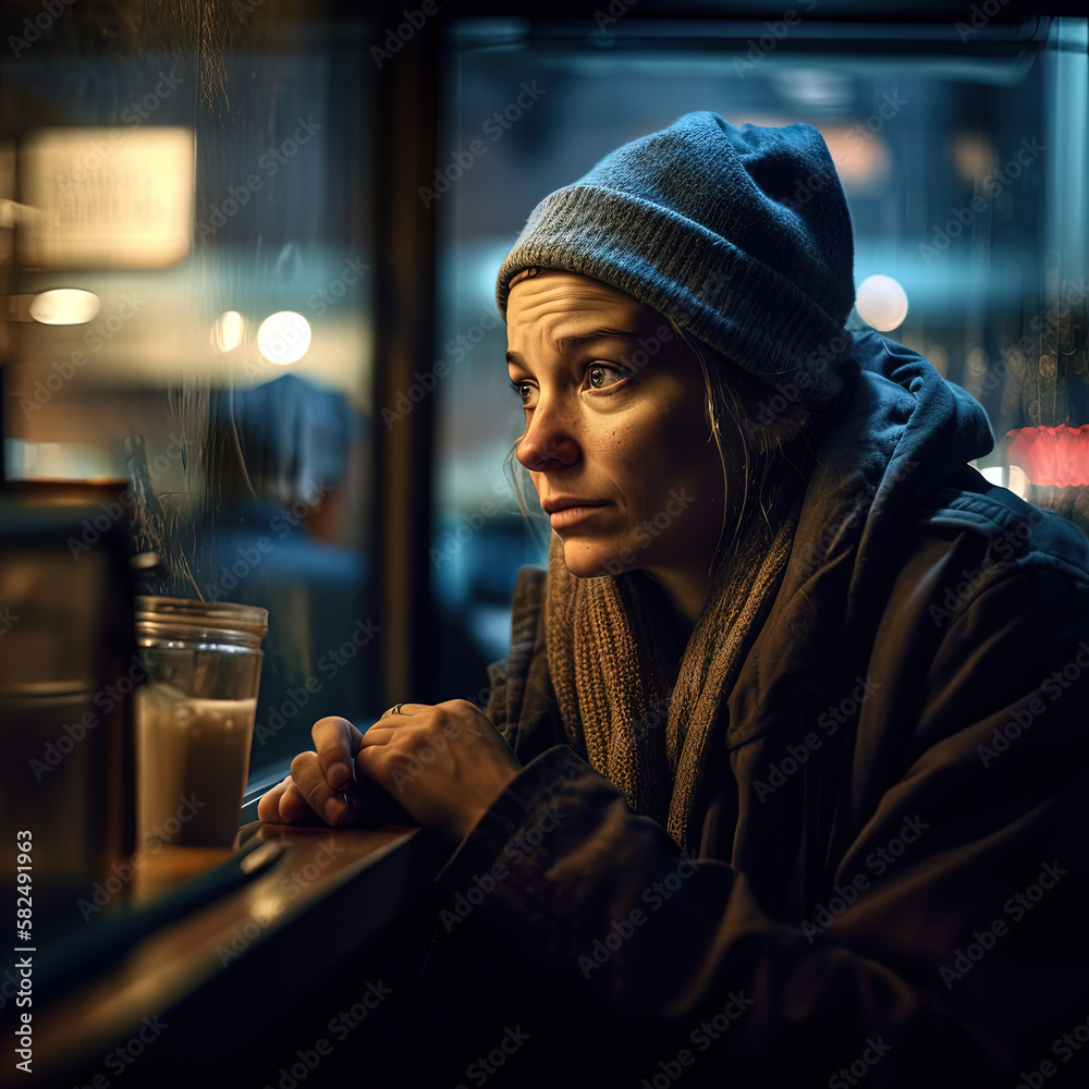 Generative AI - A homeless woman sitting at a window looking out at the ...
