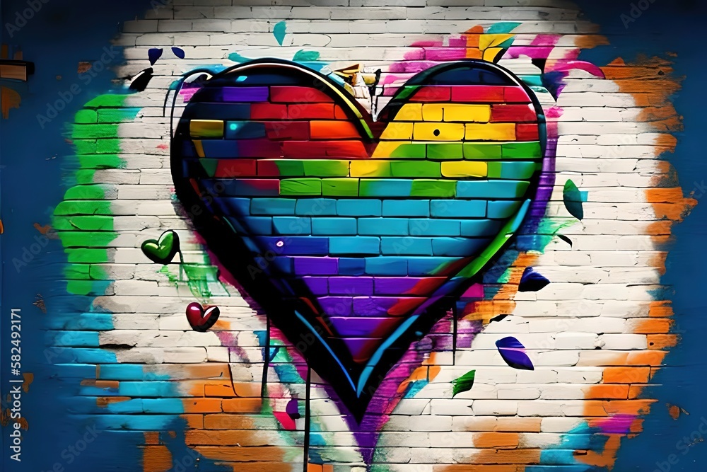 Nice colorful rainbow graffiti heart on the brick wall. LGBTQ ...