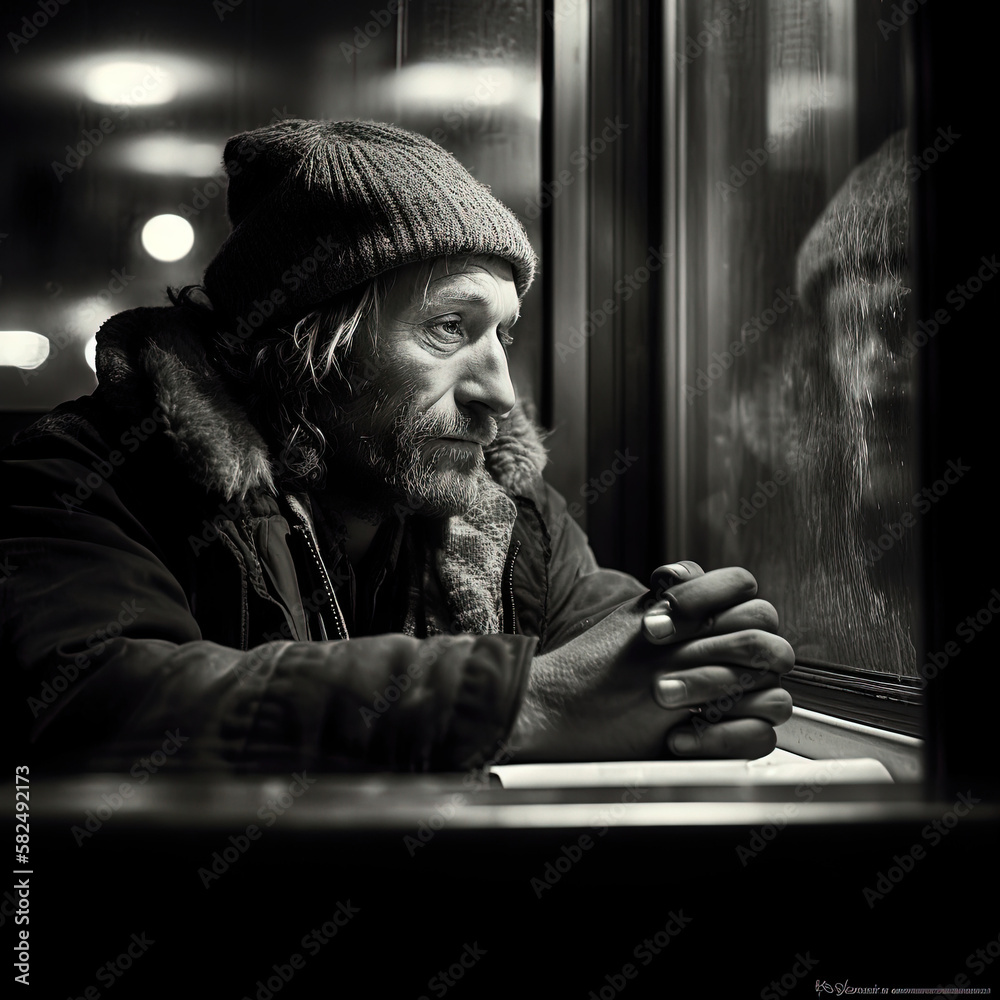 Generative AI - A homeless man with a beard and a hat looking out a ...