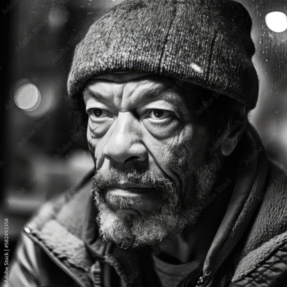 Generative AI - A homeless African American man with a hat on looking ...