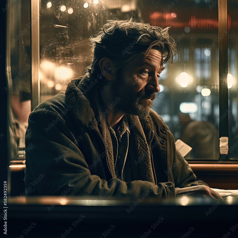 Generative AI - A homeless man sitting at a table in a cafe with a ...