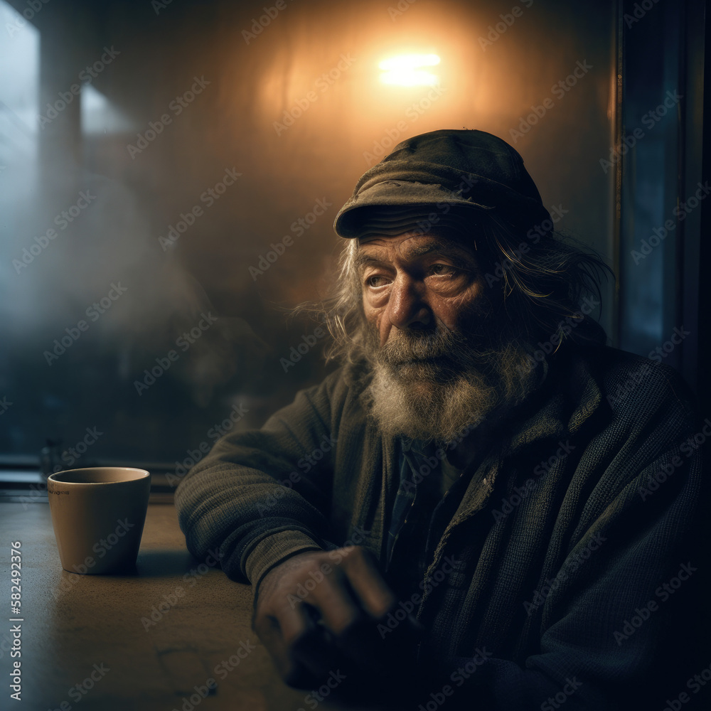 Generative AI - A homeless man with a long beard sitting at a table ...