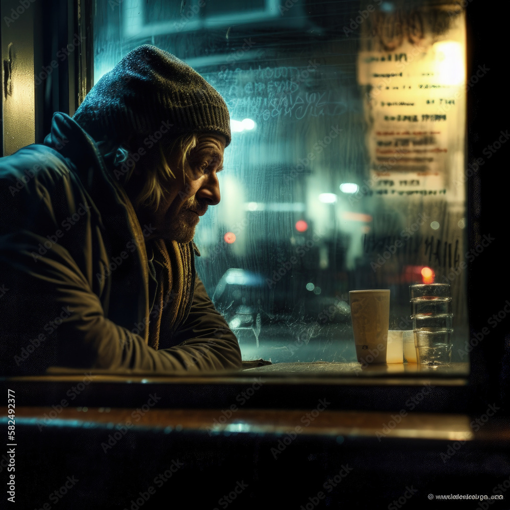 Generative AI - A homeless man sitting at a table looking out a window ...