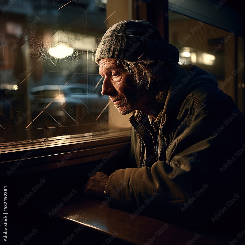 Generative AI - A homeless man sitting at a window looking out at the ...