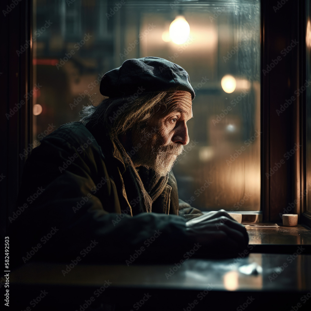 Generative AI - A homeless man with a hat on sitting at a table looking ...
