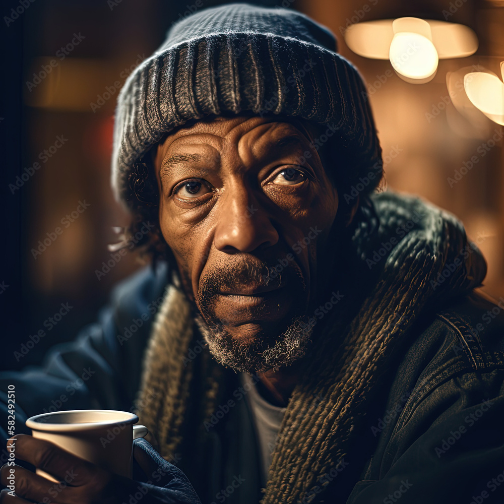 Generative AI - A homeless African American man with a hat and scarf ...