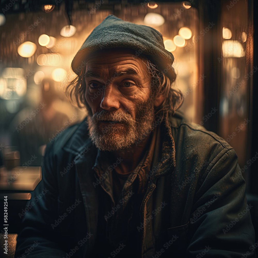 Generative AI - A homeless man with a hat sitting in a booth at a ...