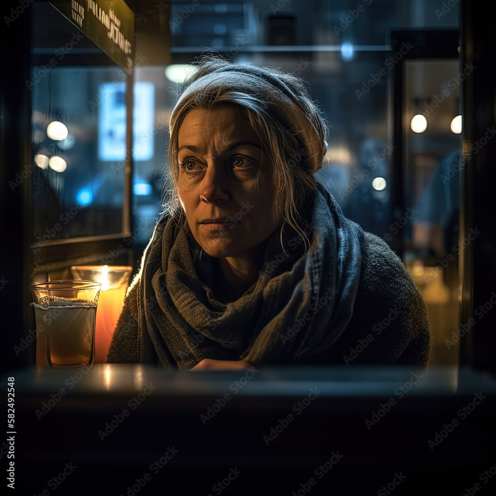 Generative AI - A homeless woman sitting in front of a window with a ...