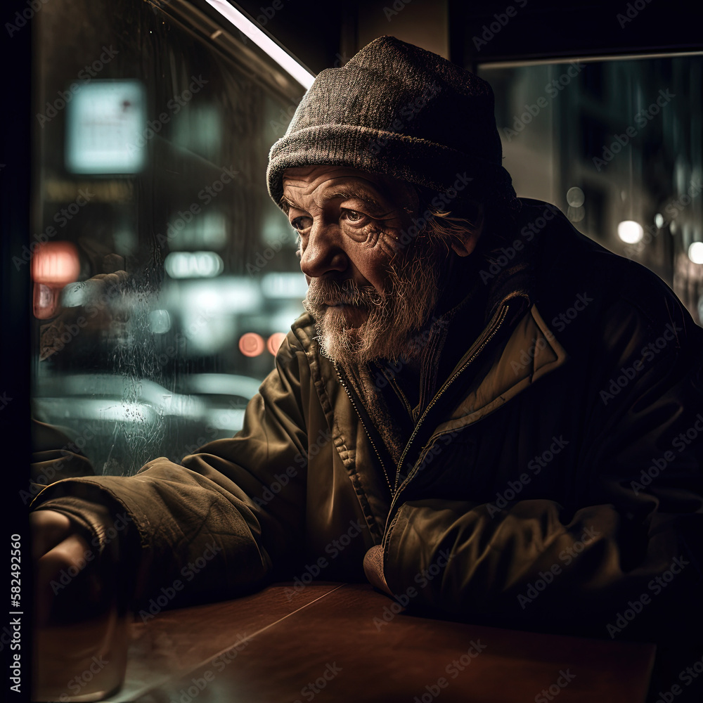 Generative AI - A homeless man sitting at a table and a city street in ...
