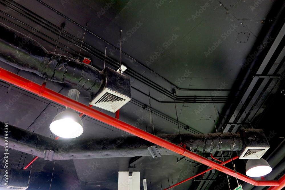 Fire protection system under the post-tension ceiling. Stock Photo ...