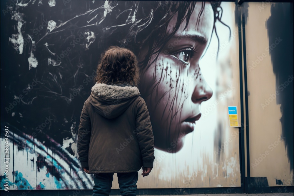 Rear view of child gazing in wonder at large street art, created with ...