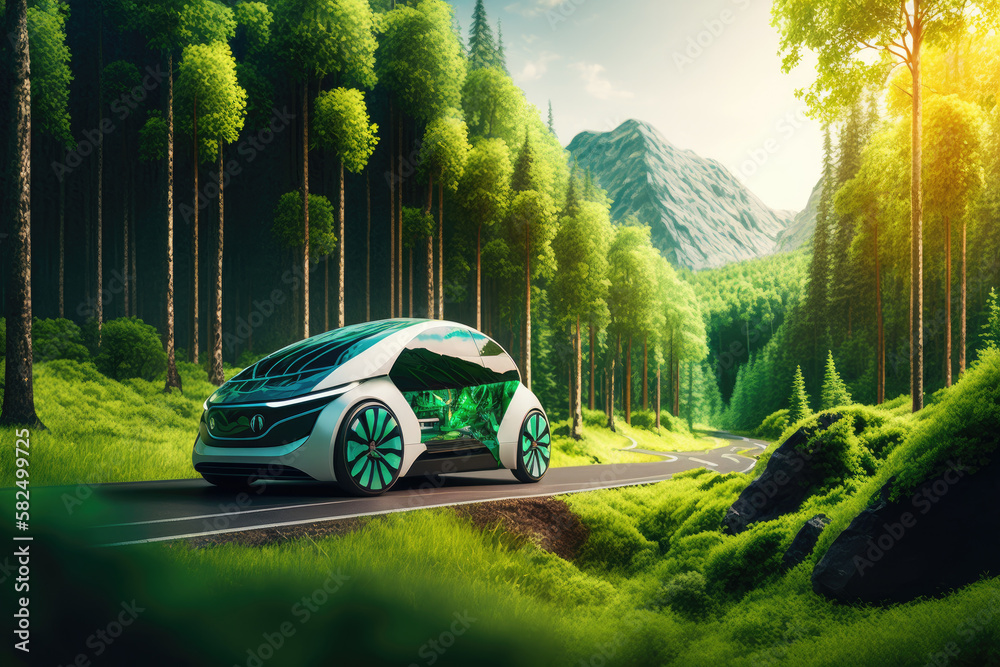 EV (Electric Vehicle) electric car is driving on a winding road that ...
