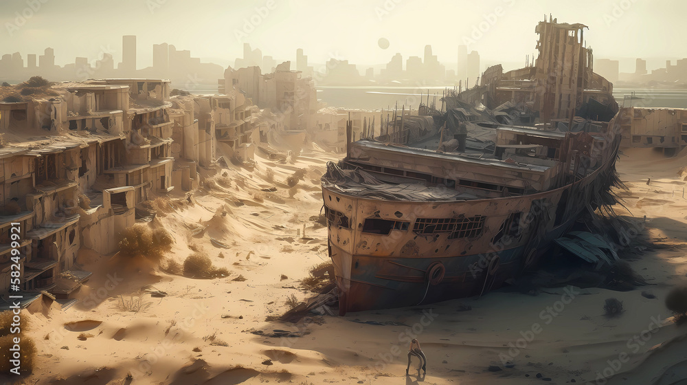 illustration of a destroyed city on the sea with a big shipwreck in the ...