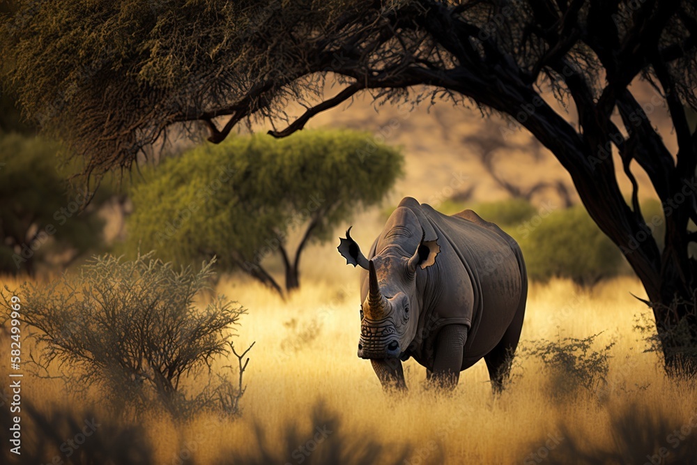 A black rhinoceros roaming through savanna surrounded by tall grasses ...