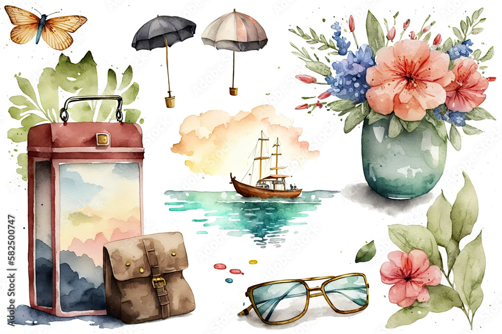 Watercolor clip art sheet of Tropical vacation beach side destinations ...