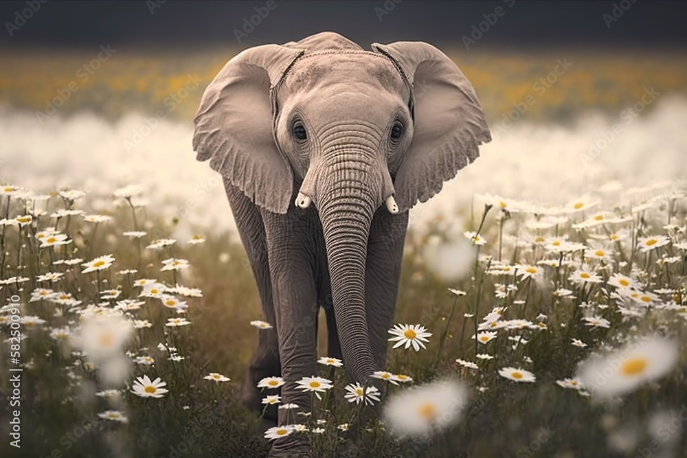 Elephant wanders through meadow of white daisies, concept of Majestic ...