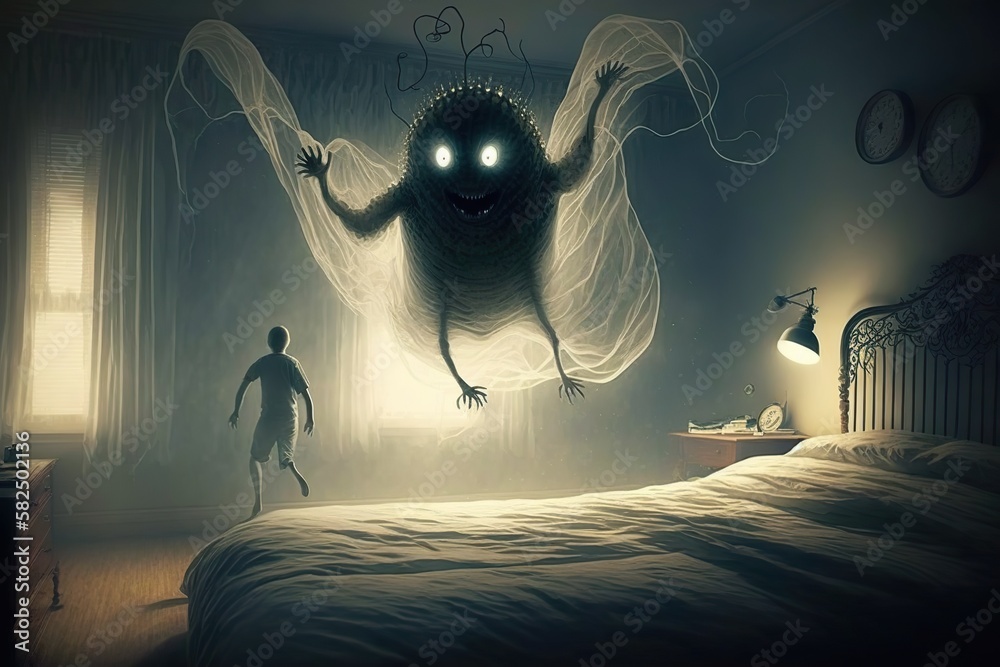 Ghost monster flies over bed, concept of Phantom Menace and Night ...