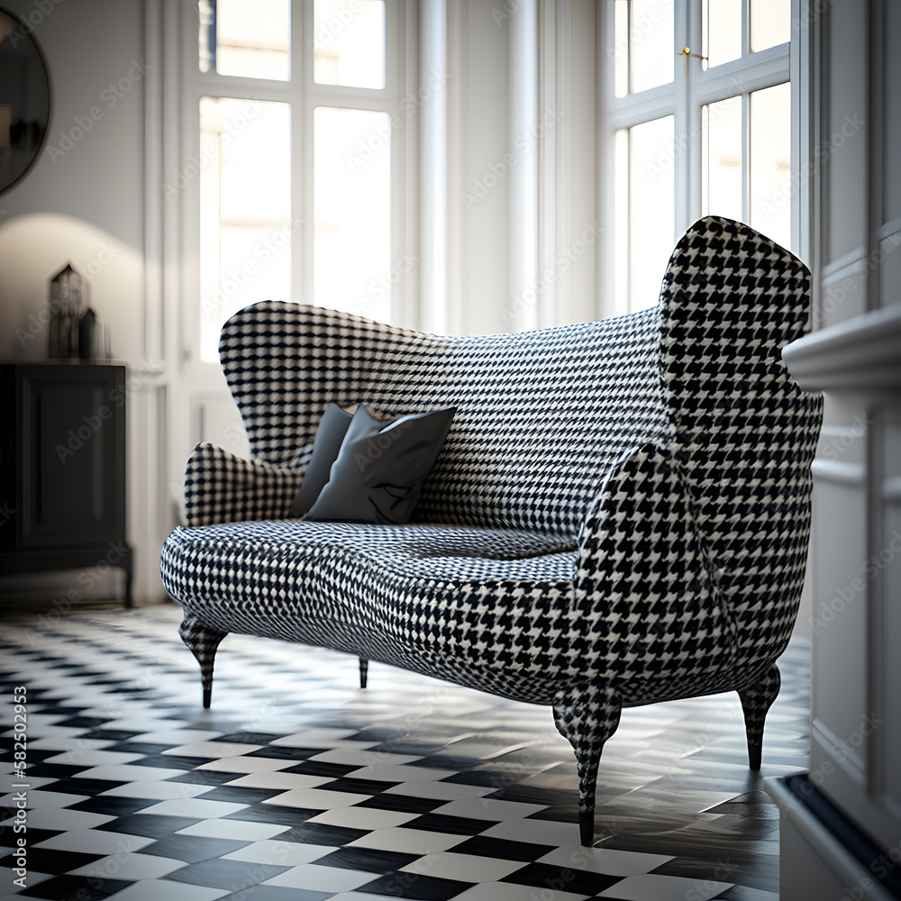 Hounds-tooth couch in a cozy modern living room interior with big ...