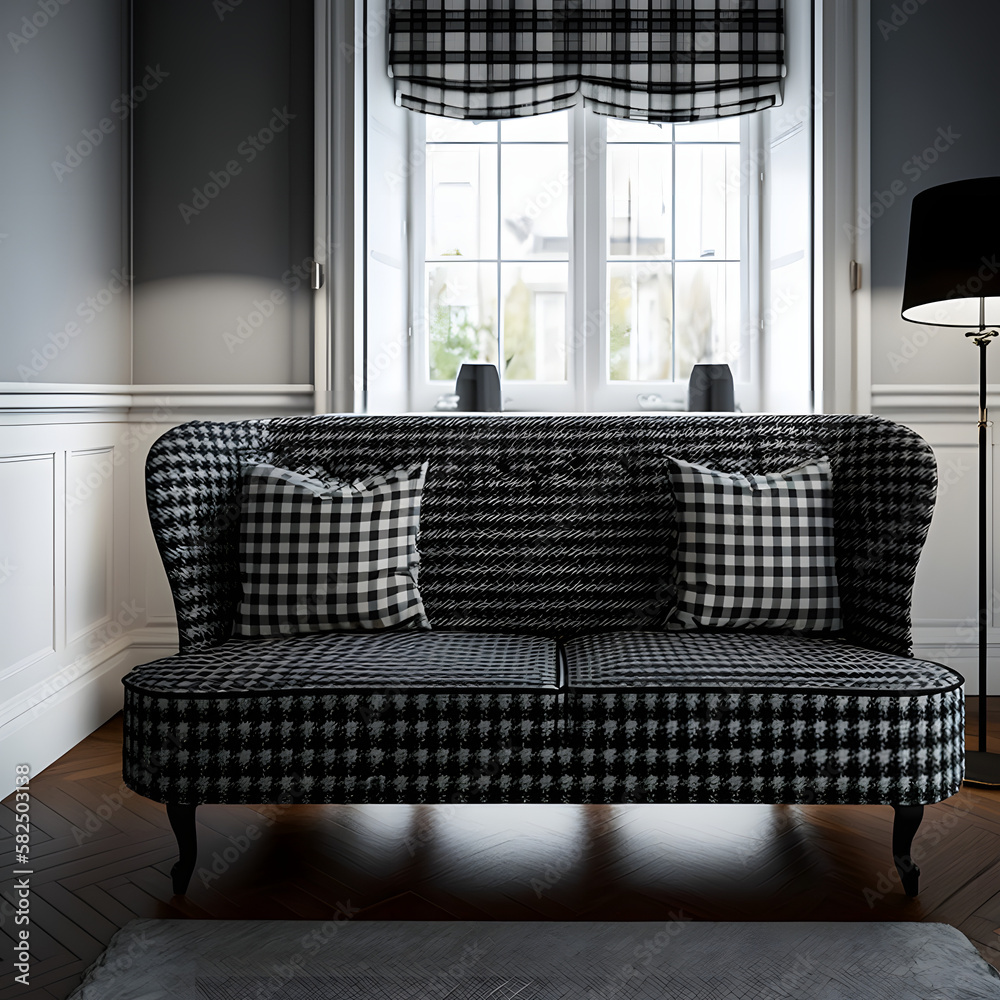 Hounds-tooth couch in a cozy modern living room interior with big ...