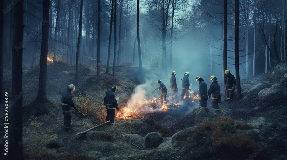 Firemans wearing firefighter turnouts and helmet. Dark background with ...