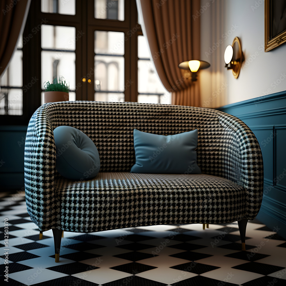 Hounds-tooth couch in a cozy modern living room interior with big ...