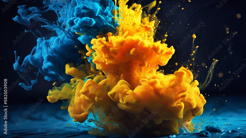 ink in the water. A splash blue and yellow paint. Abstract background ...