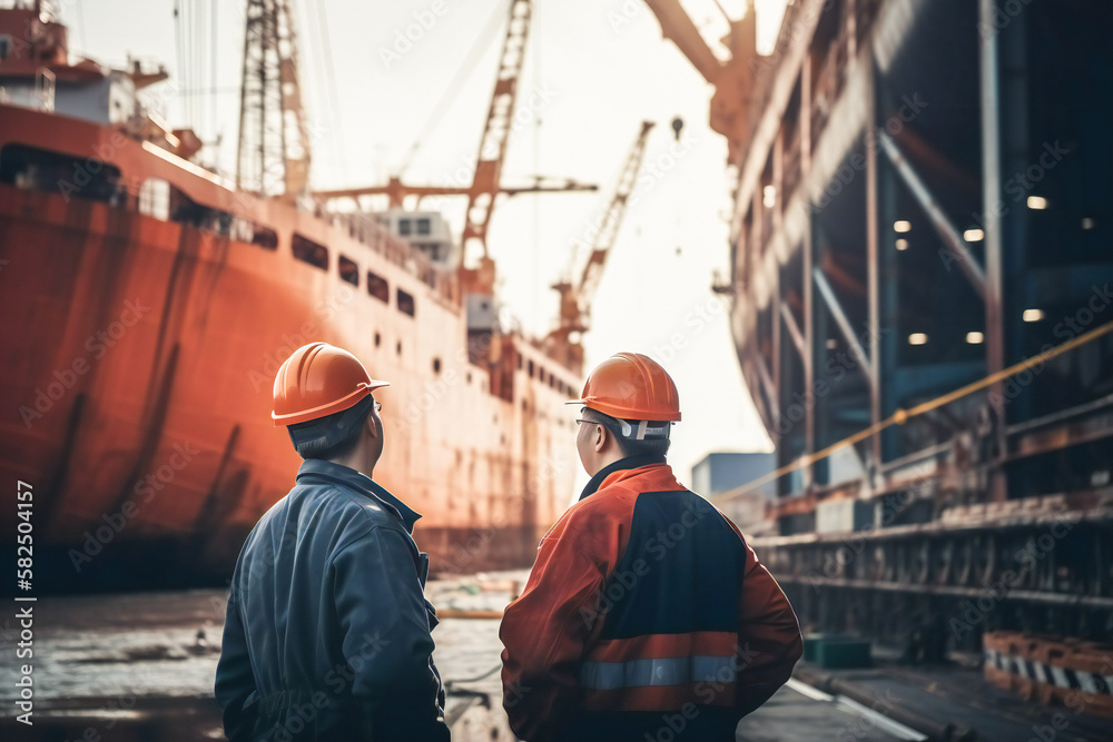 Shipyard workers with a ship under construction in background. Created ...
