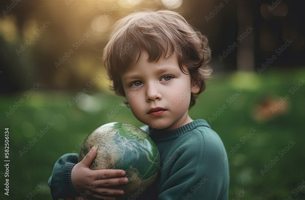 Little boy hugs Earth planet, globe on the green blur forest background ...