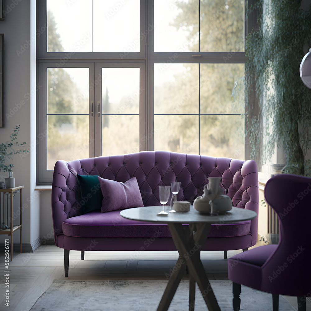 Purple couch in a cozy modern living room interior with big windows ...