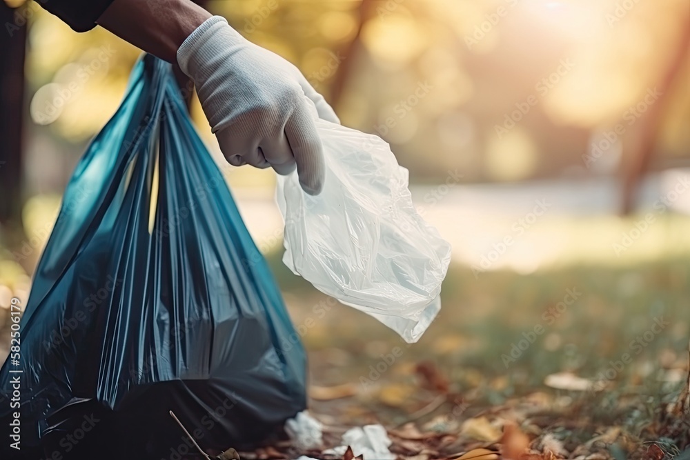 Hands of volunteer collects garbage on a muddy park. Close-up. The ...